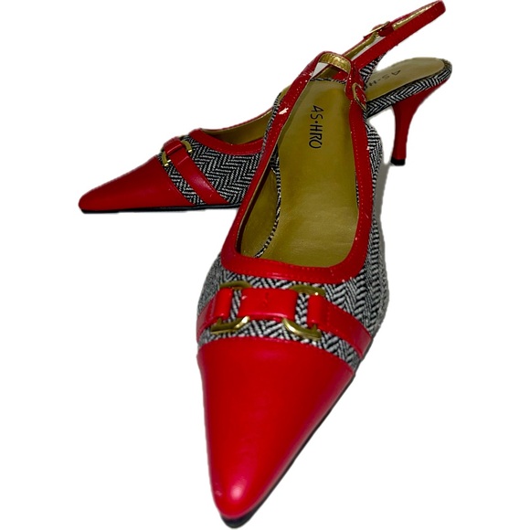 Ashro | Shoes | Ashro Canvas Sling Back Kitten Heels 65 Red Black ...